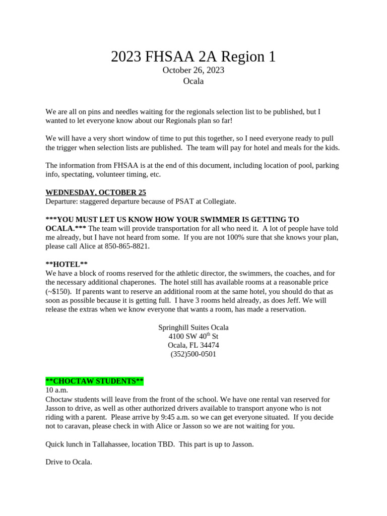 2023 FHSAA 2A Region 1 Choctaw Travel | PDF