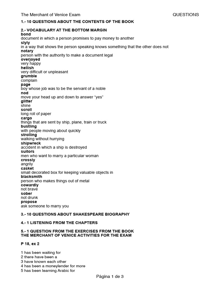 Merchant of Venice Exam Questions | PDF | The Merchant Of Venice