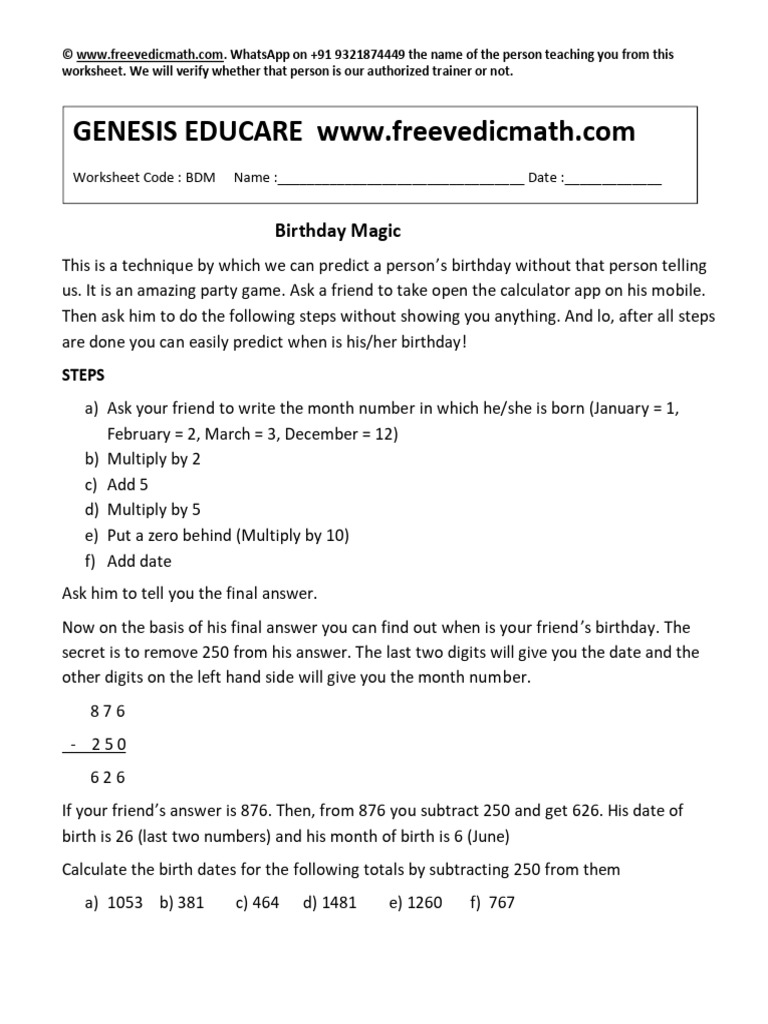 Vedic Math Worksheet 9 - Birthday Magic | PDF