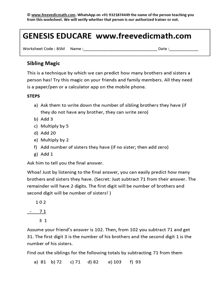 Vedic Math Worksheet 8 - Brother Sister Magic | PDF