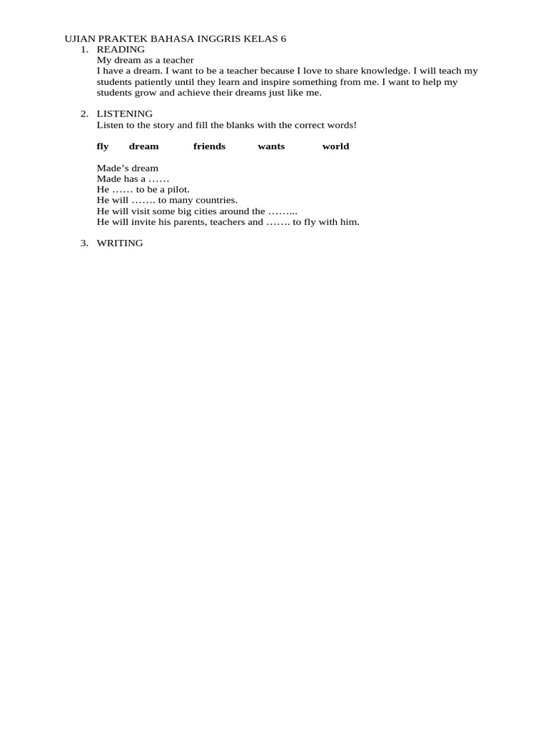Ujian Praktek Bahasa Inggris Kelas 6 | PDF