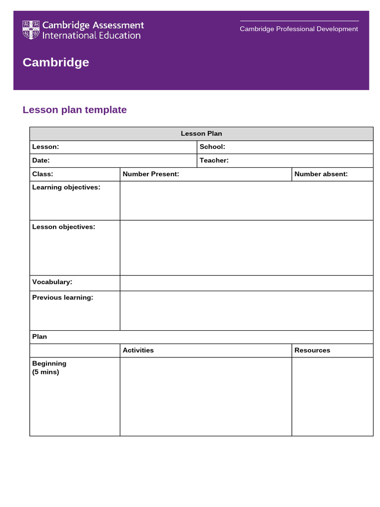 Cambridge Lesson Plan Template | PDF