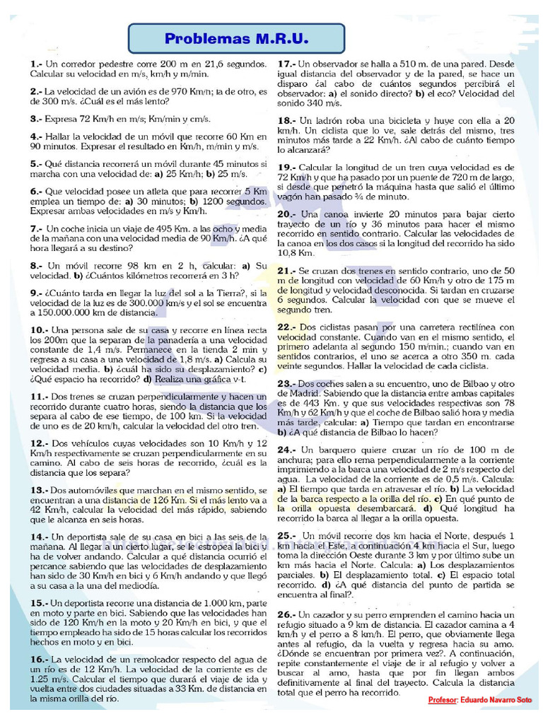 Ejercicios de MRU | PDF