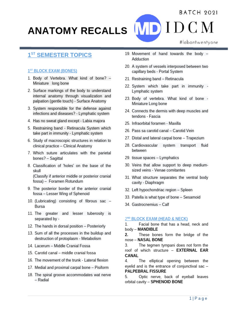 1ST-AND-2ND-SEM-ANATOMY-RECALLS-1 | PDF | Heart | Aorta