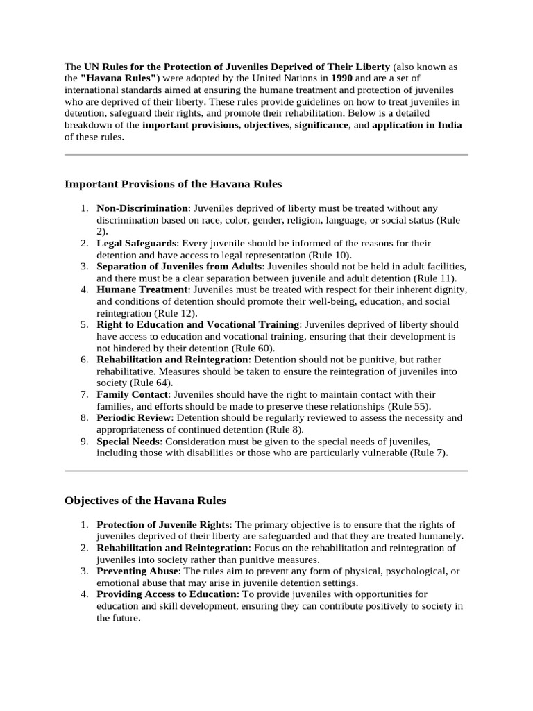 Havana Rules for Juvenile Protection | PDF | Rehabilitation (Penology ...