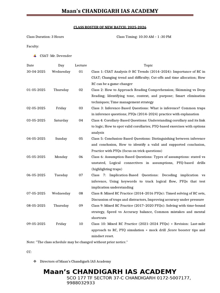 30th April-8th May (CSAT Reading Comprehension Class Schedule) | PDF ...