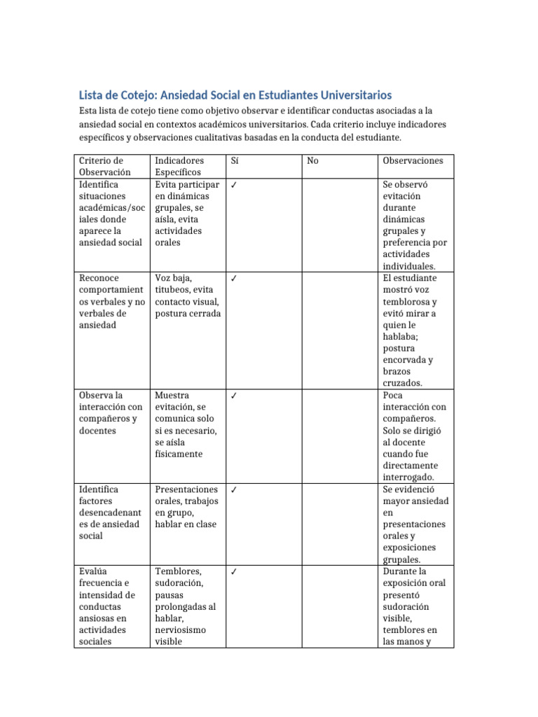 Lista de Cotejo Ansiedad Social | PDF | Ansiedad | Desorden de ansiedad ...
