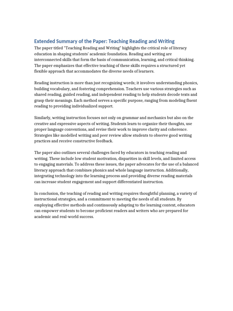 Extended Summary Teaching Reading and Writing | PDF