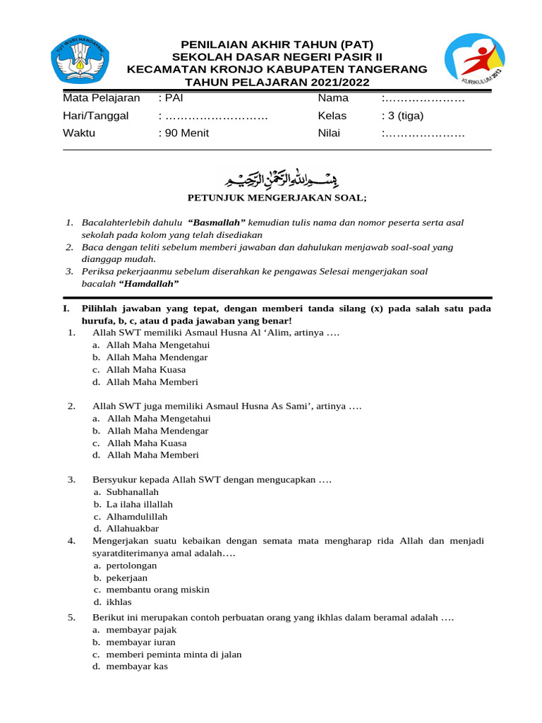 Soal PAT PAI Kelas 3 | PDF