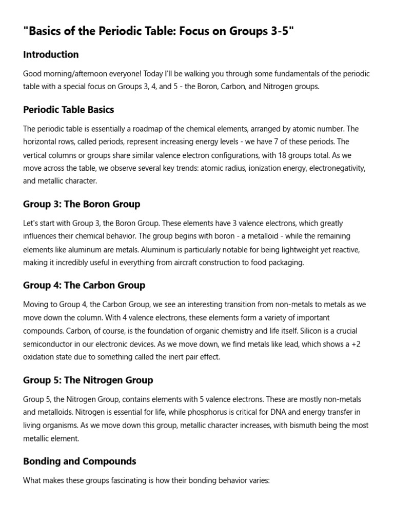 Periodic Table Group 3-5 Presentation Script | PDF | Periodic Table | Nitrogen