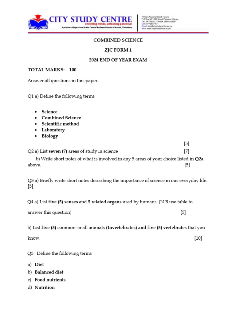 Form 1 Combined Science Exam Paper | PDF