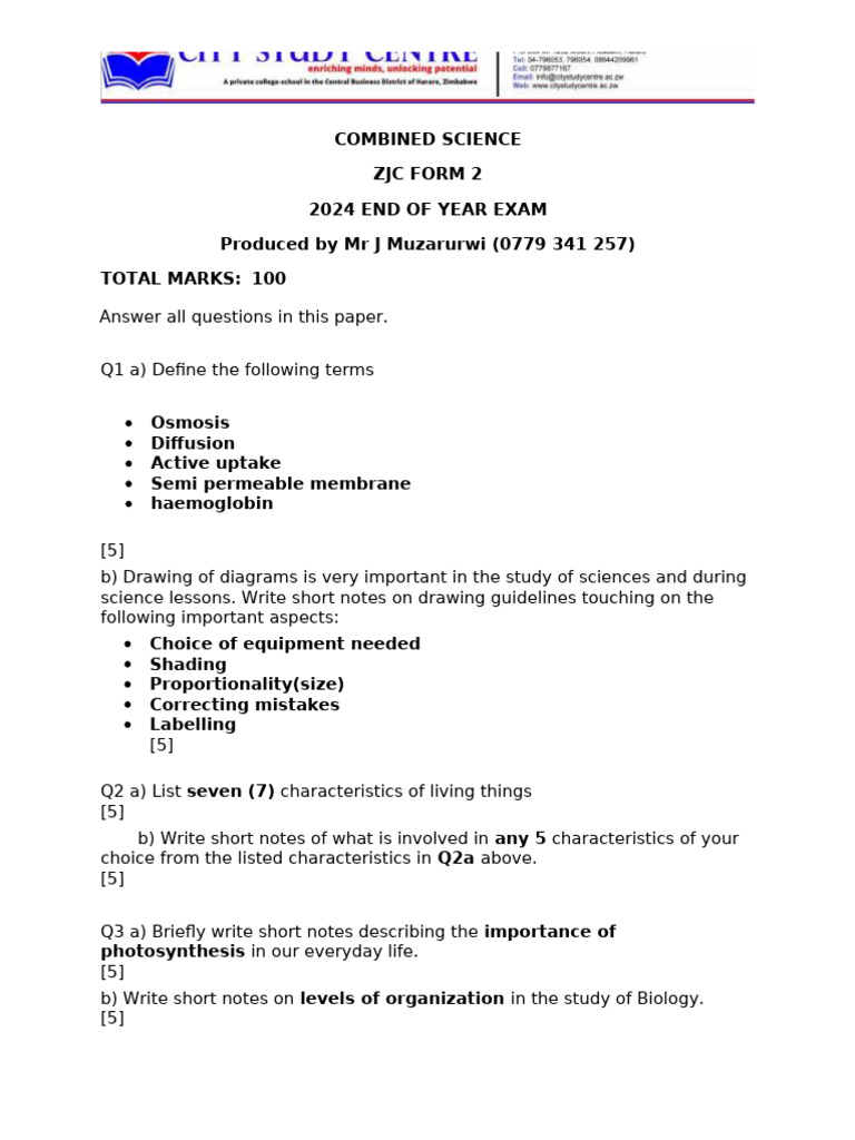 2024 COMBINED SCIENCE End of Year FORM 2 EXAM | PDF | Nutrition | Diet ...