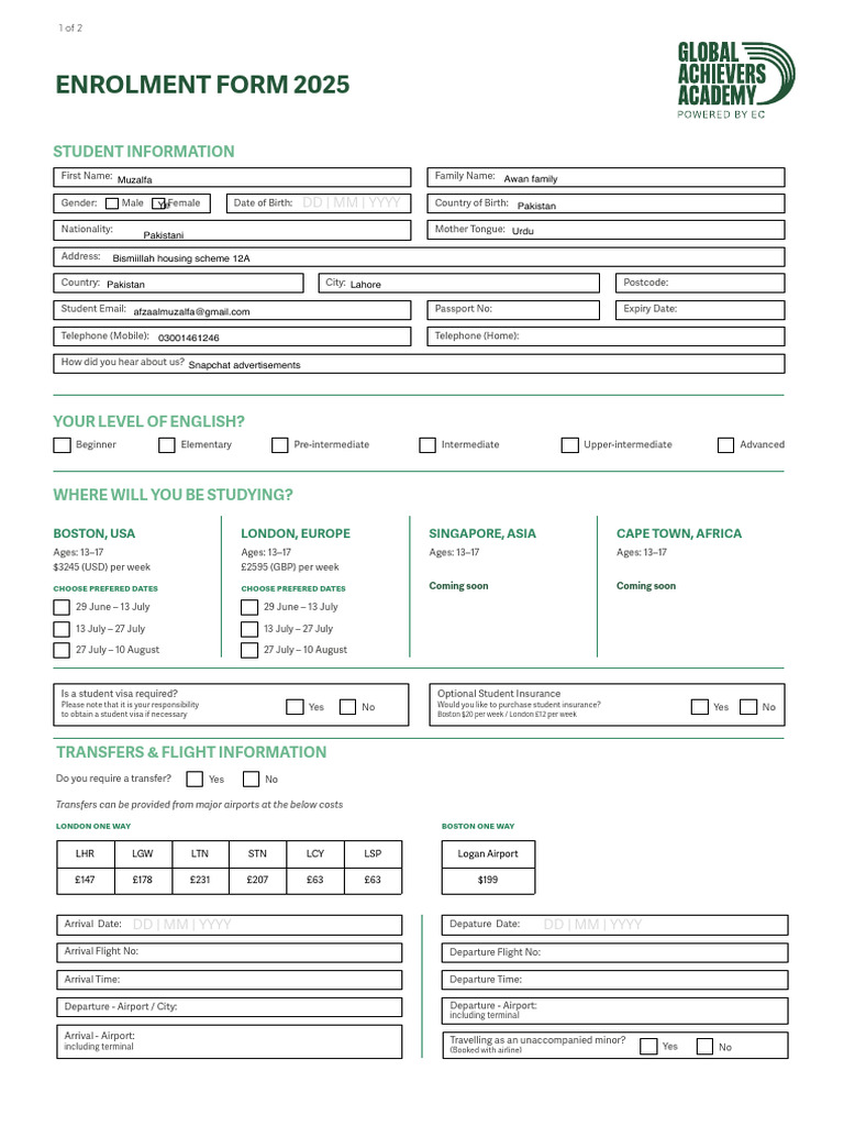Global Achievers Academy 2025 Enrolment Form | PDF | Airport