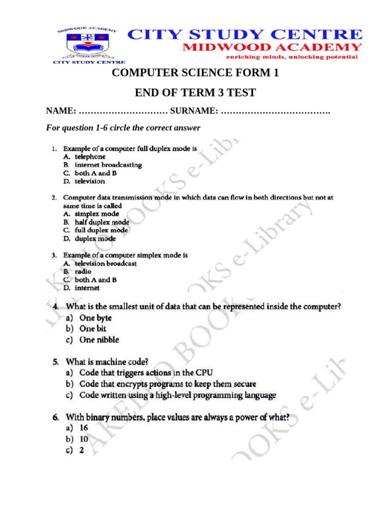 Computer Science Form 1 Term 3 Test | PDF | Computer Science | Computer ...