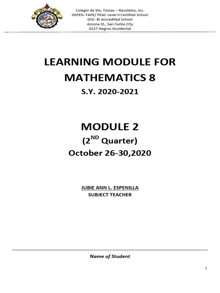 MATHEMATICS8 - QUARTER 2 MODULE 2 - Linear Equation in Two Variables ...