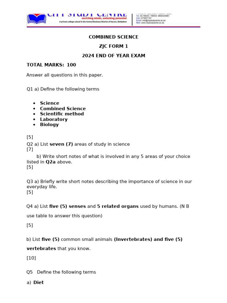 ZJC Form 1 Combined Science Exam 2024 | PDF
