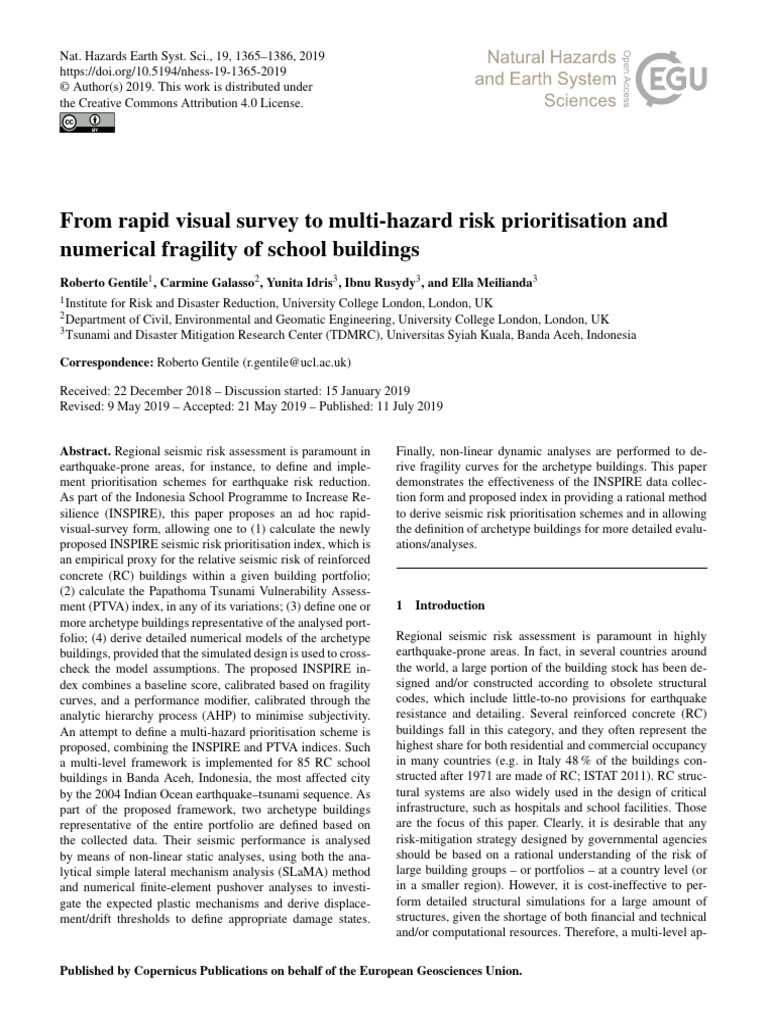 From Rapid Visual Survey To Multi-Hazard Risk Prioritisation and Numerical Fragility of School ...