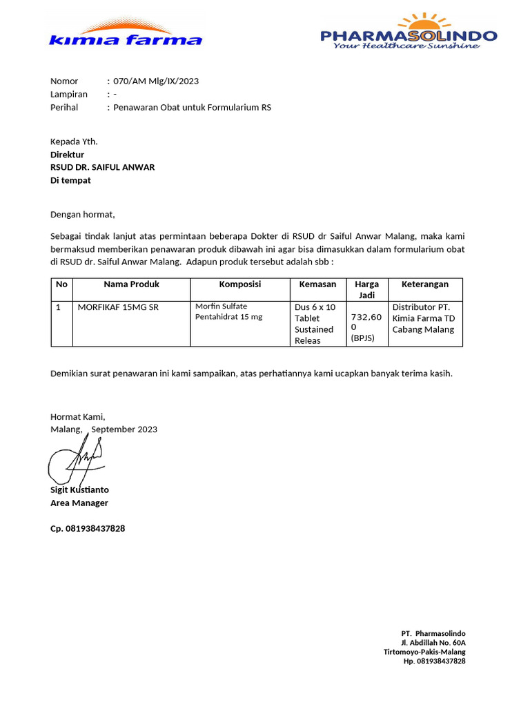 Surat Penawaran Obat RS Morfikaf SR | PDF