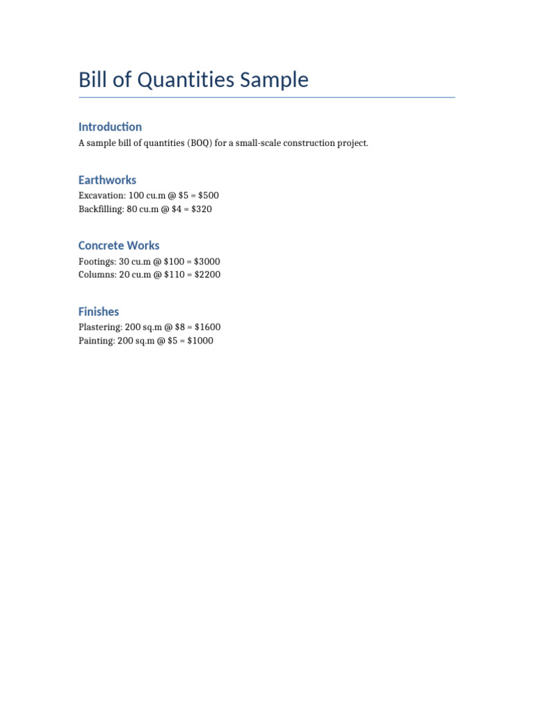Bill of Quantities Sample | PDF