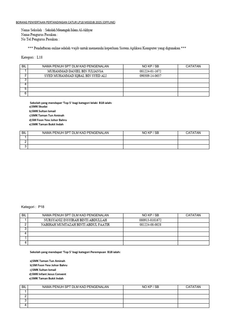 Borang Penyertaan Pertandingan Catur | PDF