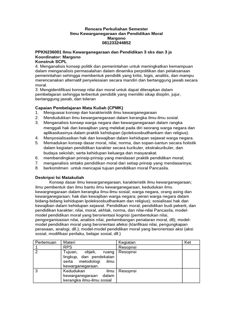 RPS 3 Sks Ilmu Kewarganegaraan Dan Pendidikan Moral | PDF