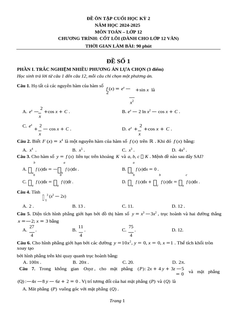 De on Tap Ck2 Toan 12 Nam 2024 2025 Truong Chuyen Luong Van Chanh Phu Yen (1) | PDF