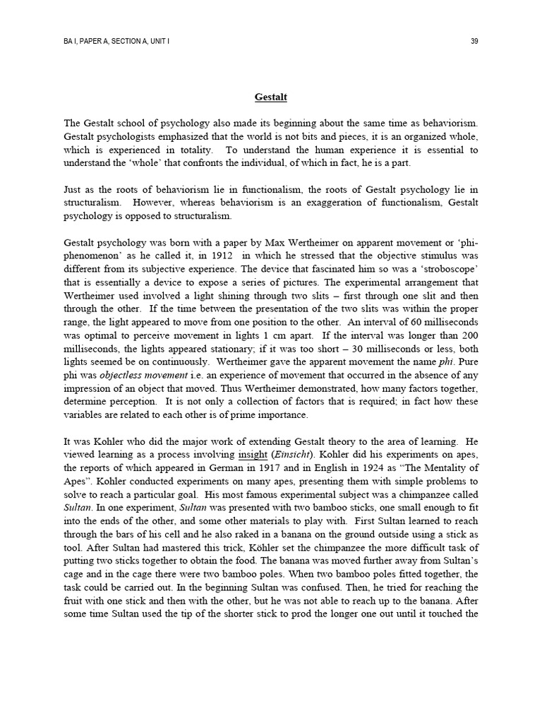 BA 1 Unit 1 History Part 3 Gestalt, Psychoanalysis, Humanistic - Existential | PDF | Unconscious ...