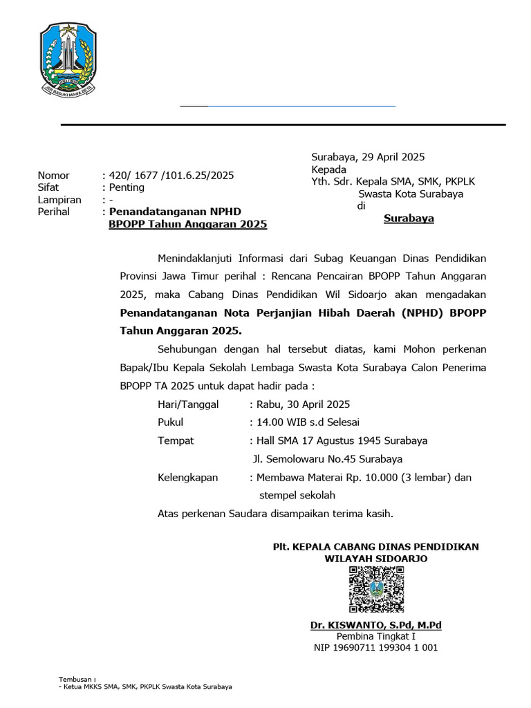 SURAT UNDANGAN NPHD BPOPP SWASTA KOTA SURABAYA TA 2025-1 | PDF
