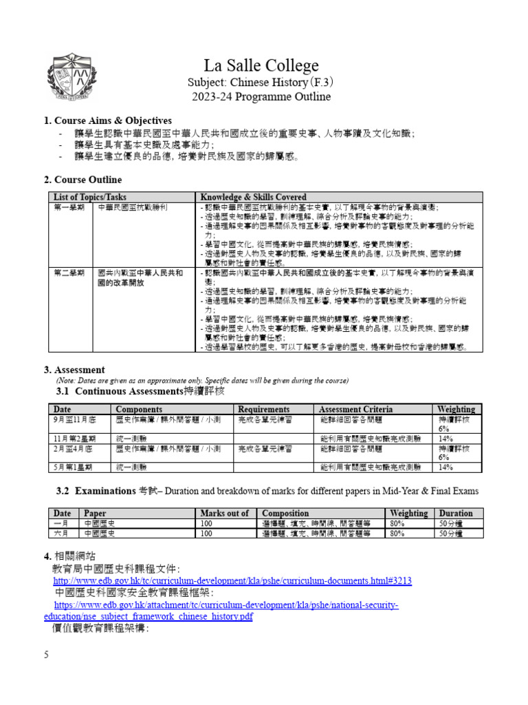 2023-24 F3 Chi History Programme Outline | PDF