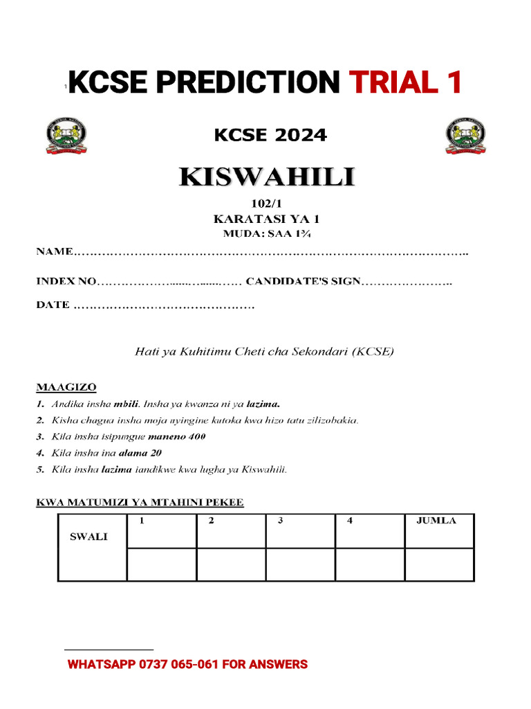 Kiswahili Pp1-3 Kcse Prediction 2024 | PDF