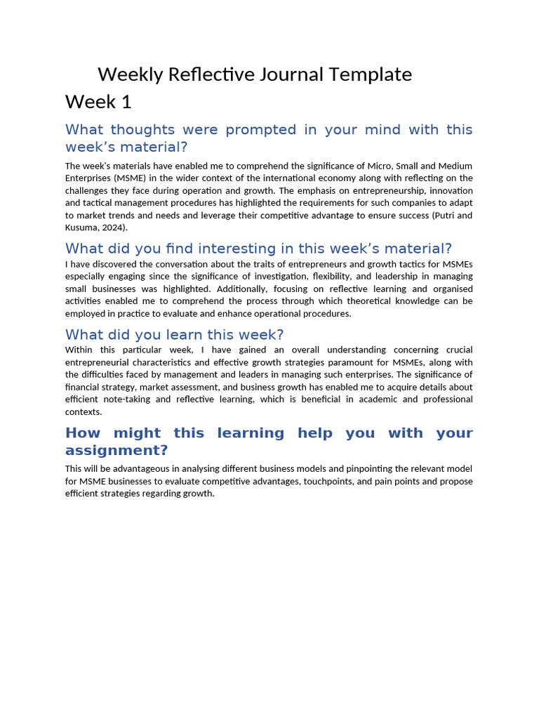 Reflective Journal Template | PDF | Entrepreneurship | Strategic Management