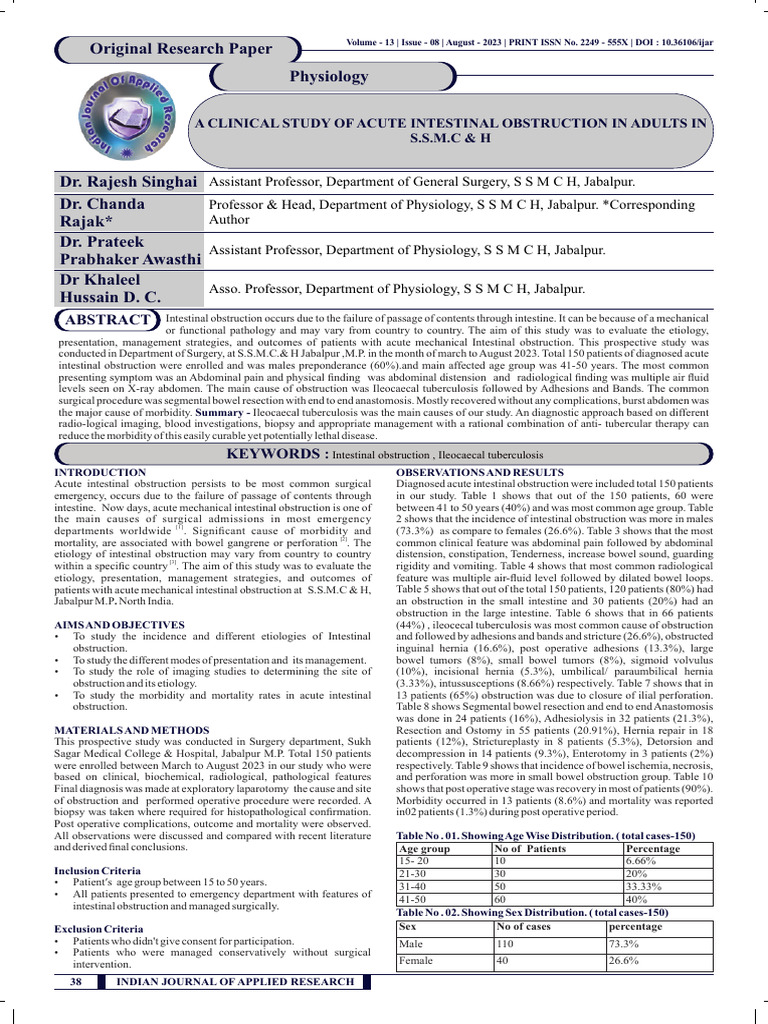 A Clinical Study of Acute Intestinal Obstruction in Adults in SSMC H ...