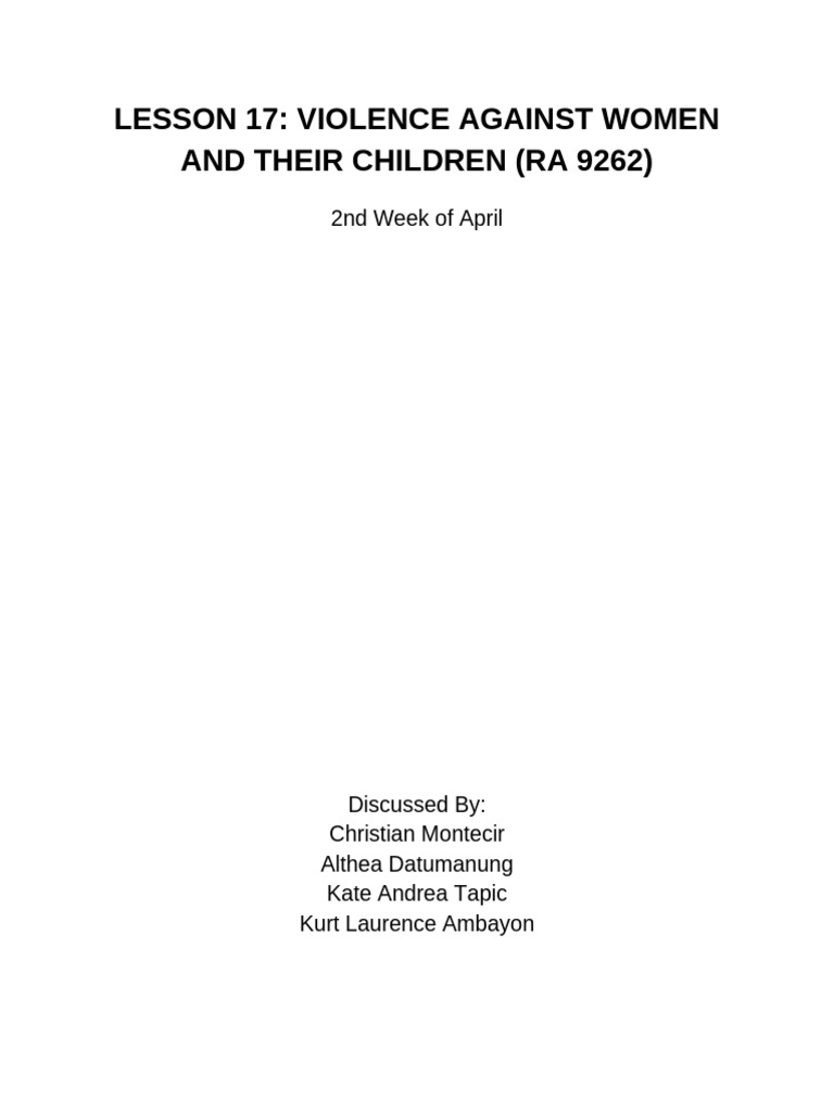 LESSON 17_ VIOLENCE AGAINST WOMEN AND THEIR CHILDREN (RA 9262) (3) (1) | PDF | Violence ...