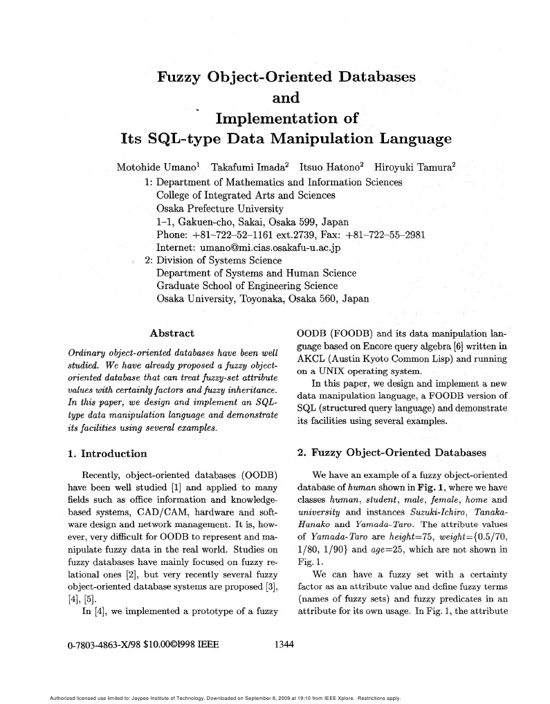 Fuzzy Object-Oriented Databases | PDF | Sql | Databases