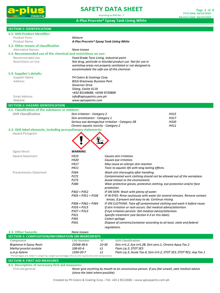 A-Plus Procrete Epoxy Tank Lining White - SDS | PDF | Personal ...