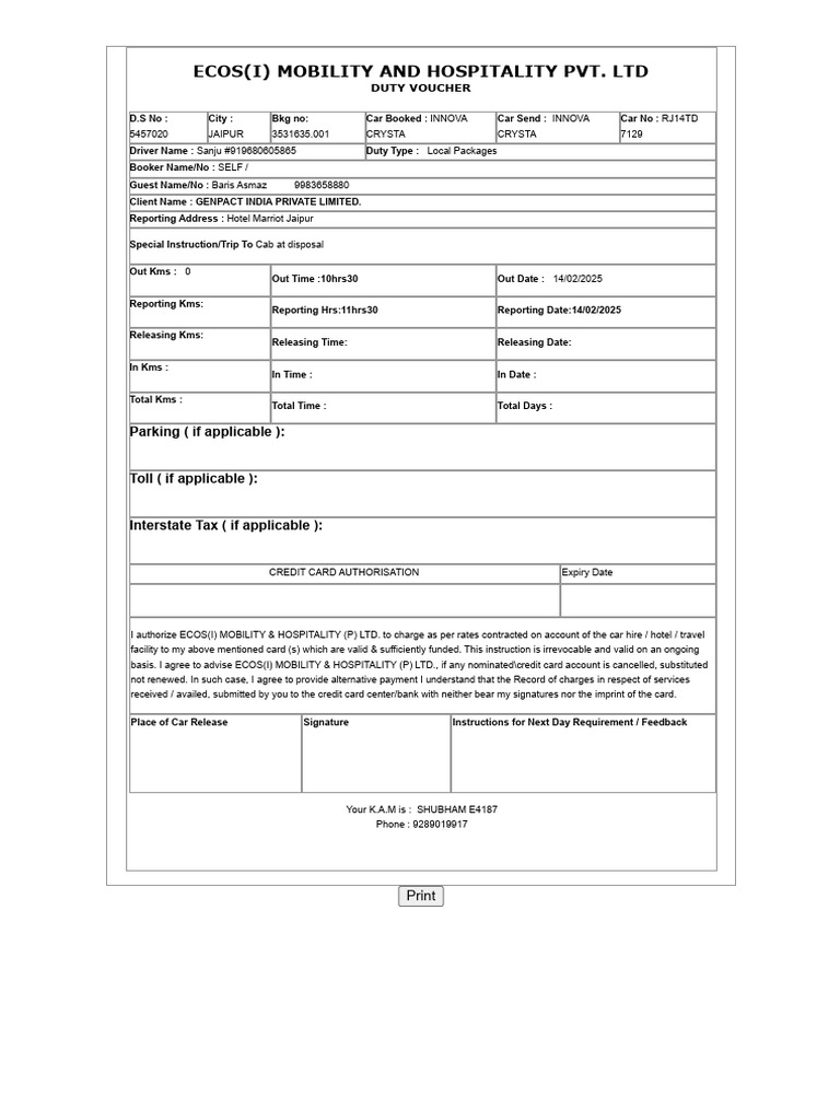 Ecos (I) Mobility and Hospitality Pvt. LTD: Parking (If Applicable) | PDF