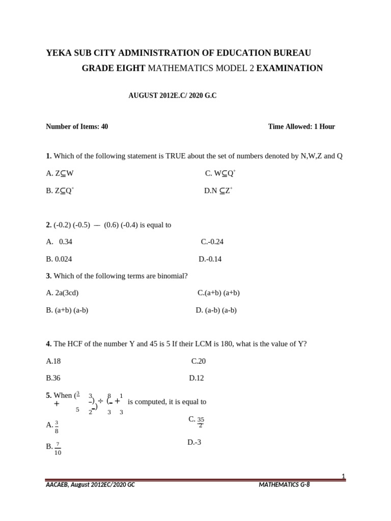 Maths Model Exam For Grade 8 | PDF | Mathematics