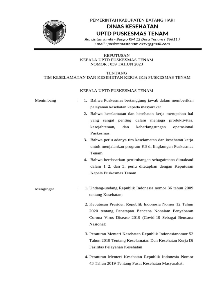 Tim K3 Puskesmas Tenam 2023 | PDF