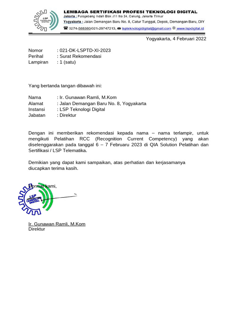 Surat Usulan LSP TD RCC NOVARIO | PDF