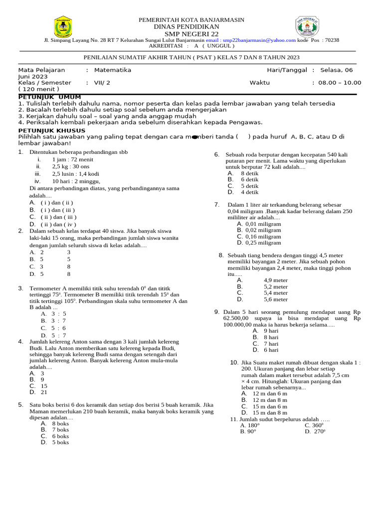 MTK Psat Kls 7 Genap 2023 Fix | PDF