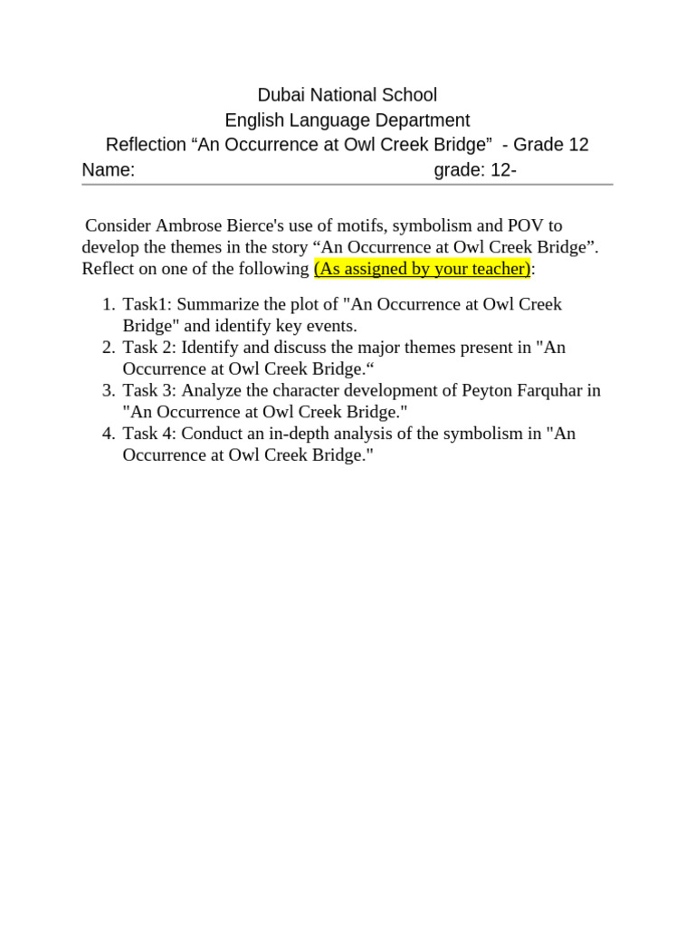 An Occurrence at Owl Creek Bridge Reflection | PDF
