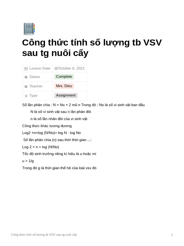 Công Thức Tính Số Lượng TB VSV Sau TG Nuôi Cấy | PDF