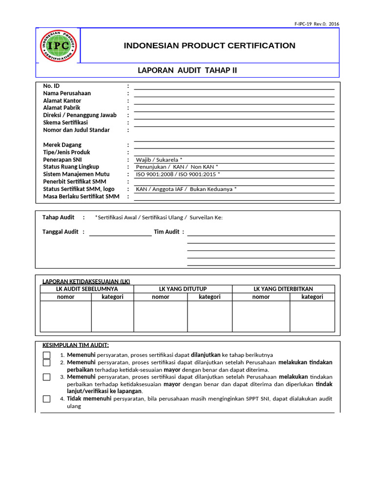 F-IPC-19 Rev.0 2016-Laporan Audit | PDF