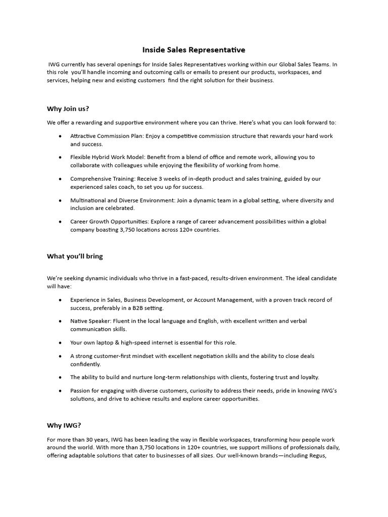 Inside Sales Representative JD | PDF | Social Psychology | Business