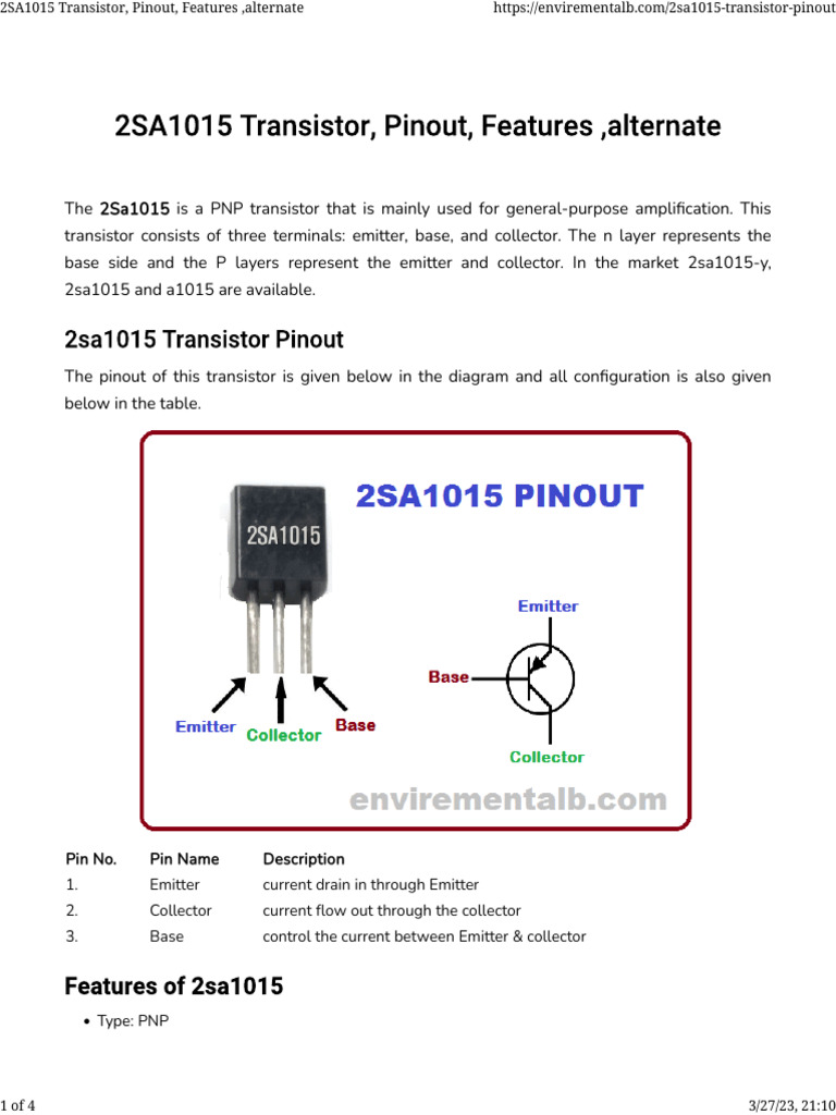 2SA1015 Transistor, Pinout, Features, Alternate | PDF | Transistor | Bipolar Junction Transistor