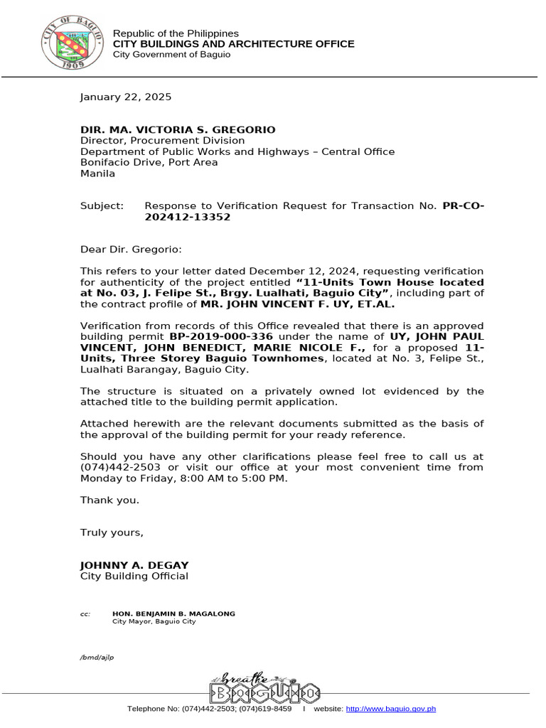 Letter to DPWH Central - Verification of records | PDF
