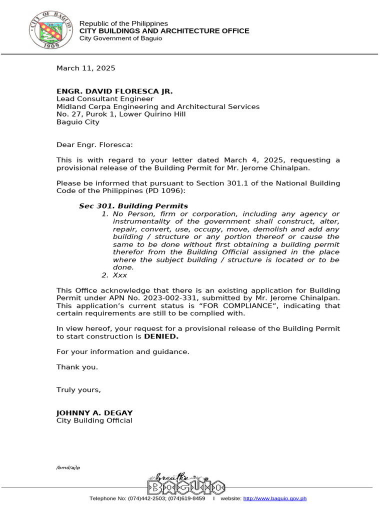 Letter To Floresca - Provisional Release of The Permit Is Denied | PDF