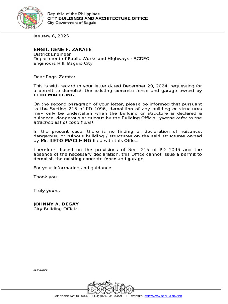 Letter To DPWH - Regarding Demolition of Leto Macli-Ing | PDF