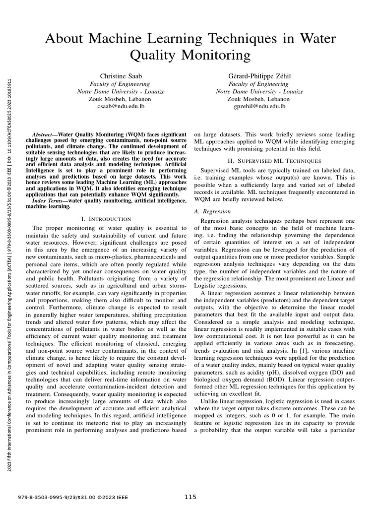 About Machine Learning Techniques in Water Quality Monitoring | PDF | Support Vector Machine ...