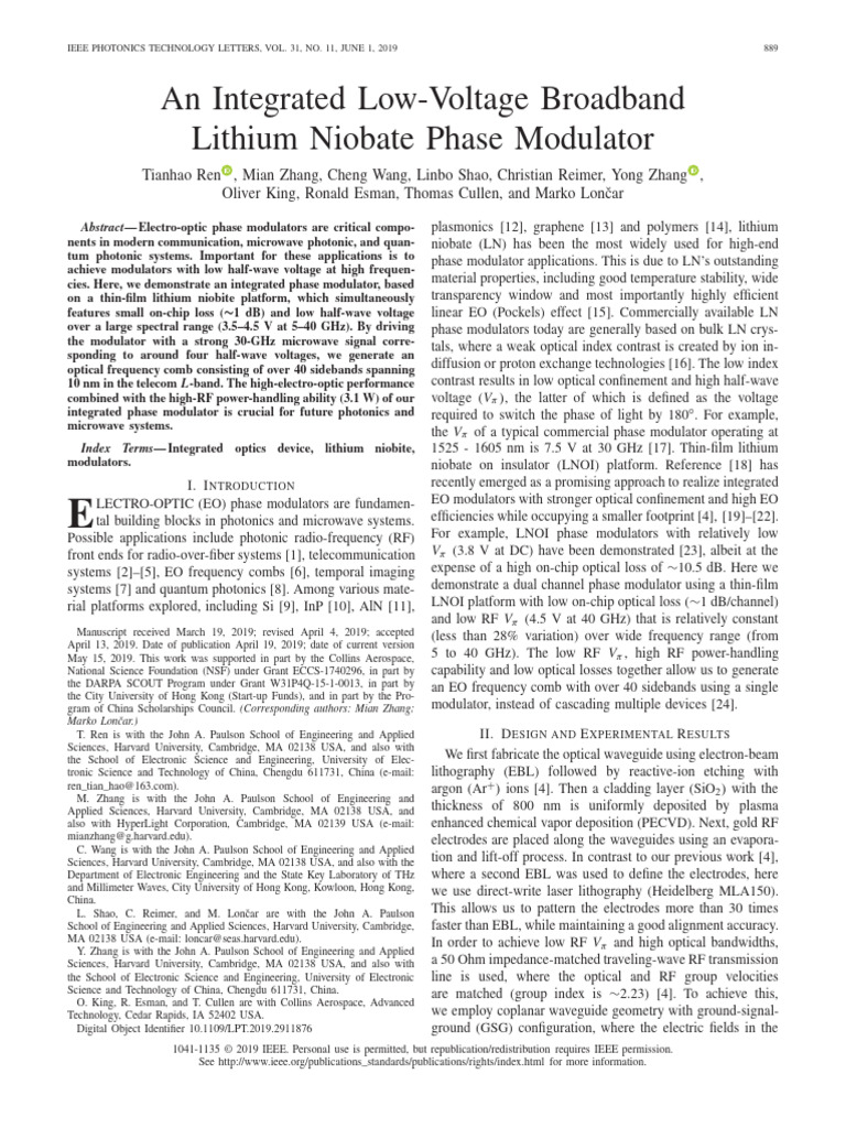 An Integrated Low-Voltage Broadband Lithium Niobate Phase Modulator | PDF | Optical Fiber ...